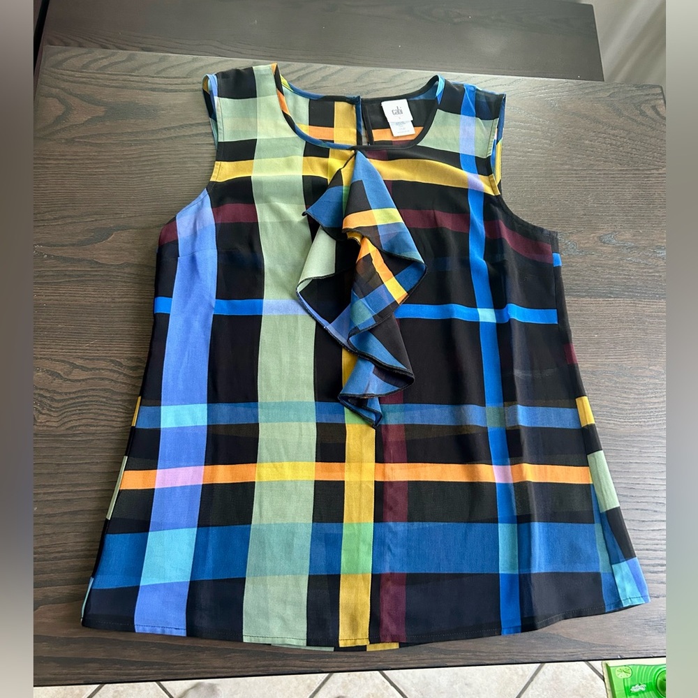 Vintage Sheer Checkered Ruffle Secretary Top - Gem